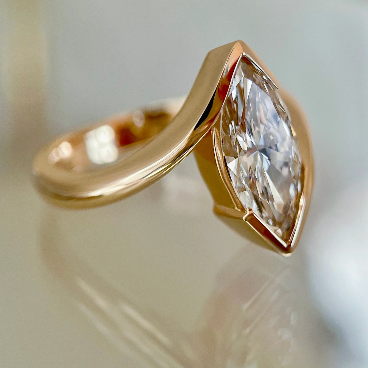 Marquise Cut Moissanite Vertical Ring — Half Bezel Setting – Grown Leo